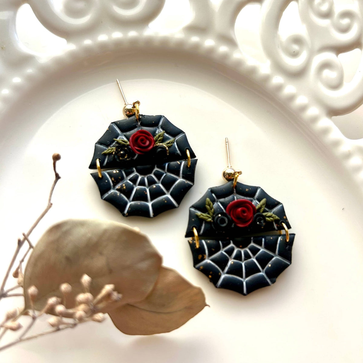 White and Black Rose Spider Web Earrings | The Gilded Witch